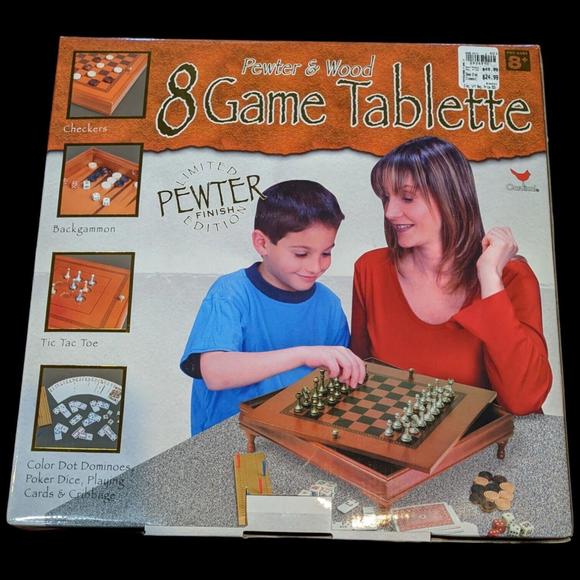 Games | Pewter Wood 8 Game Set Chess Checkers Backgammon Play Cards ...